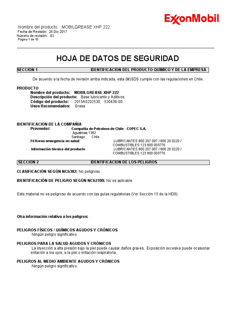 HDS Mobil Grease XHP 222 | PDF | Toxicidad | Agua