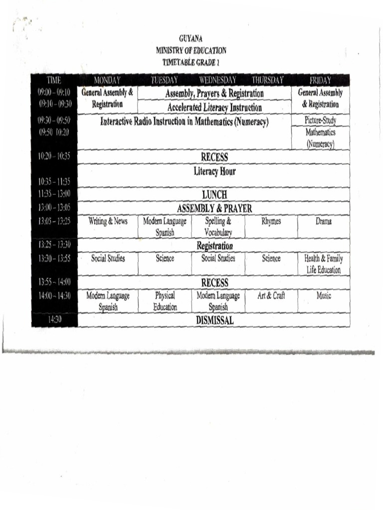 Grade 1 Timetable 2023 - Guyana | PDF | Learning | Cognitive Science