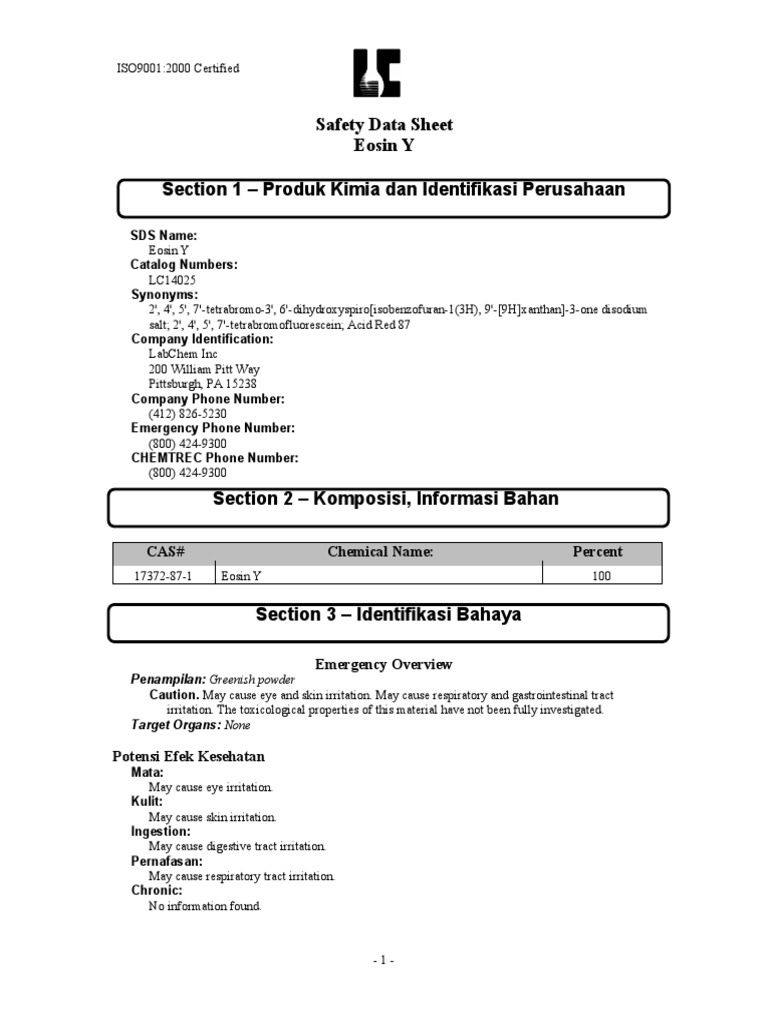 Safety Data Sheet Eosin Y: Cas# Chemical Name: Percent | PDF | Personal Protective Equipment ...