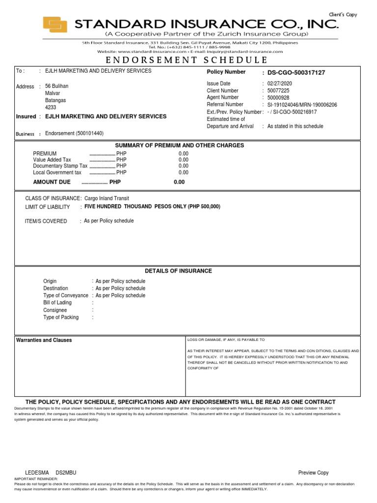 Endorsement Schedule:: Policy Number | PDF | Insurance | Business Law