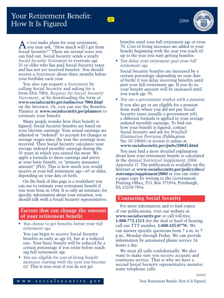 Your Retirement Benefit: How It Is Figured: Social Security Statement ...