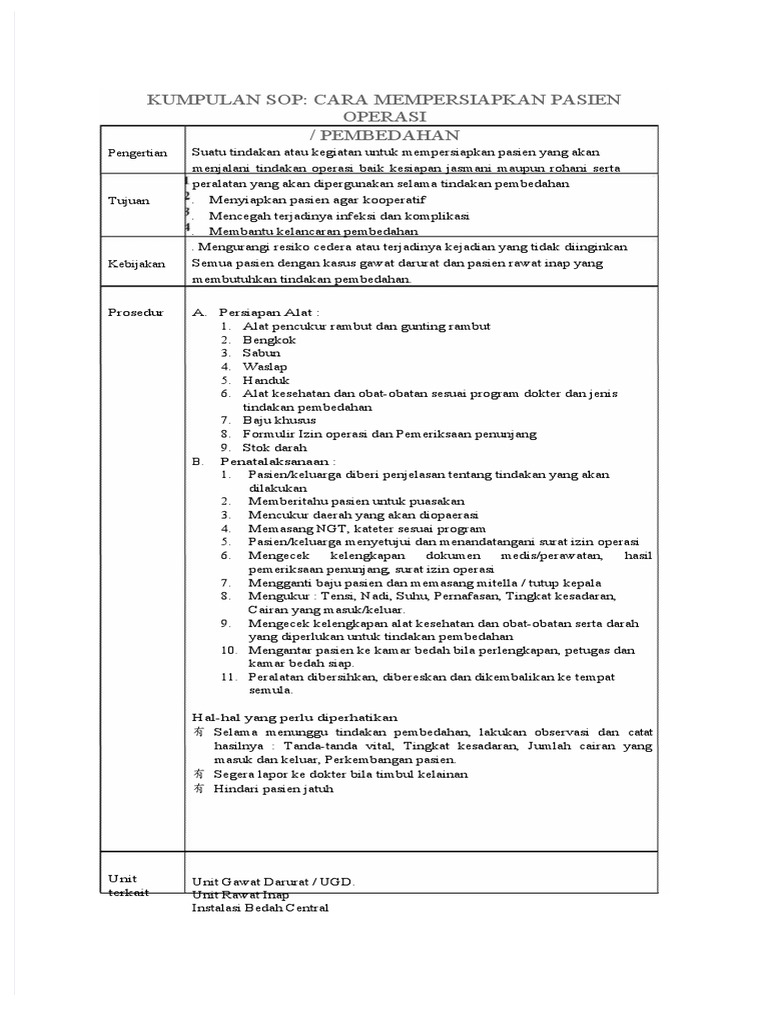 (PDF) Sop Persiapan Pre Operasi | PDF