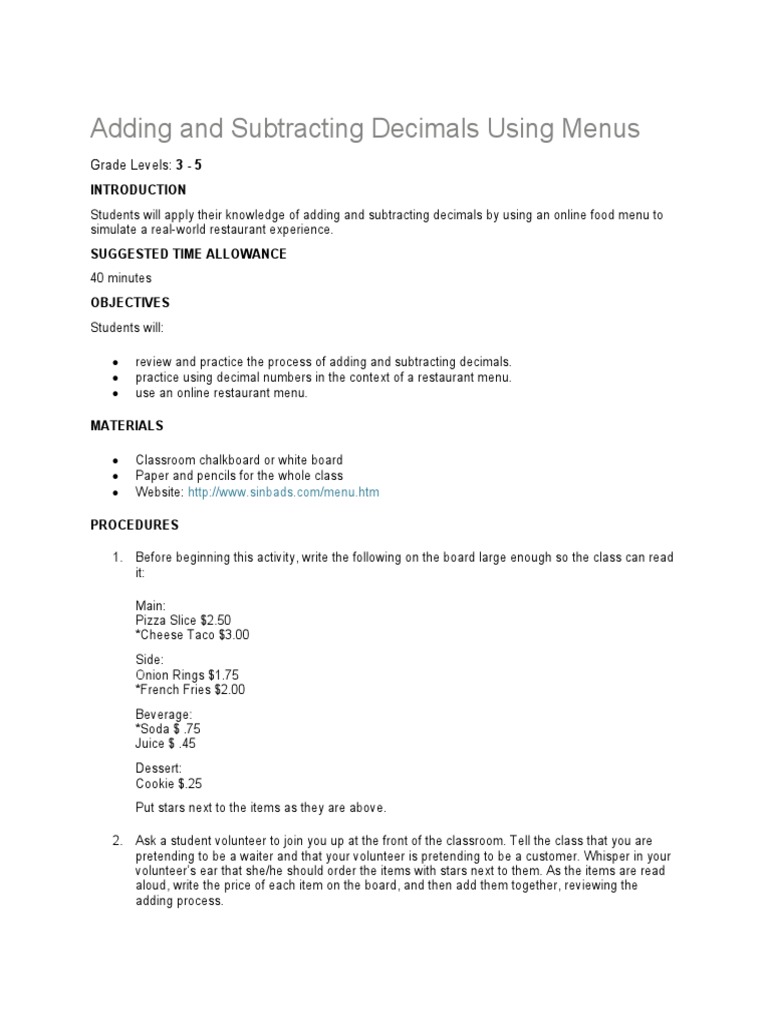 Decimal Menu Activity for Class 5 | PDF | Menu | Food And Drink