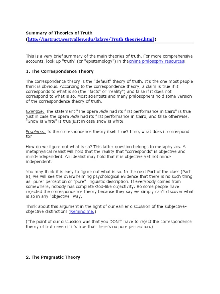 Summary of Theories of Truth | PDF | Correspondence Theory Of Truth | Truth