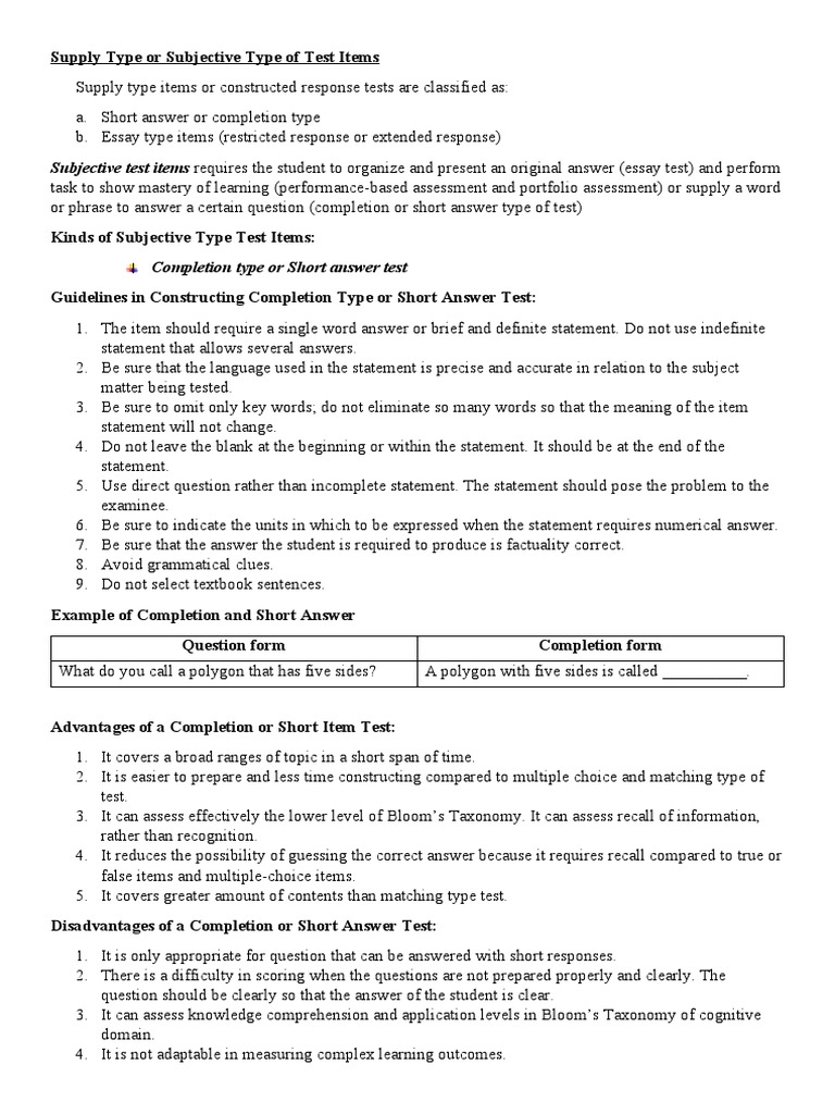 Subjective Test Items Requires The Student To Organize and Present An ...