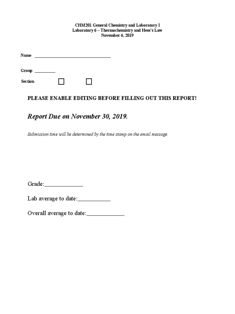 CHM201 General Chemistry Lab Report - Thermochemistry and Hess's Law | PDF