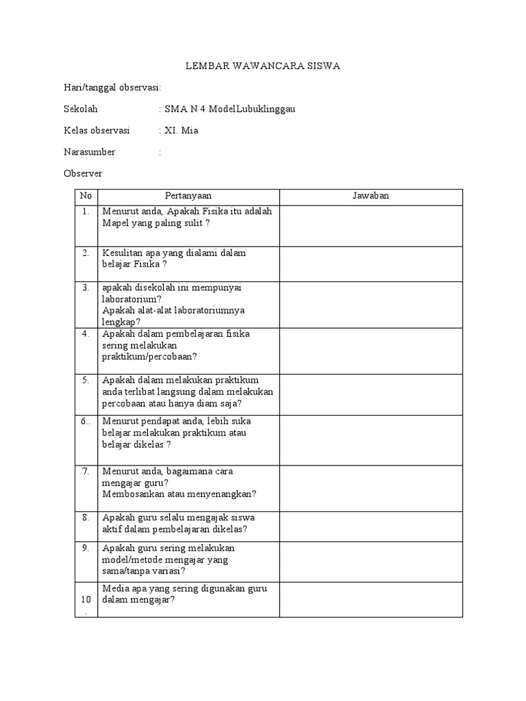 Lembar Wawancara Siswa | PDF