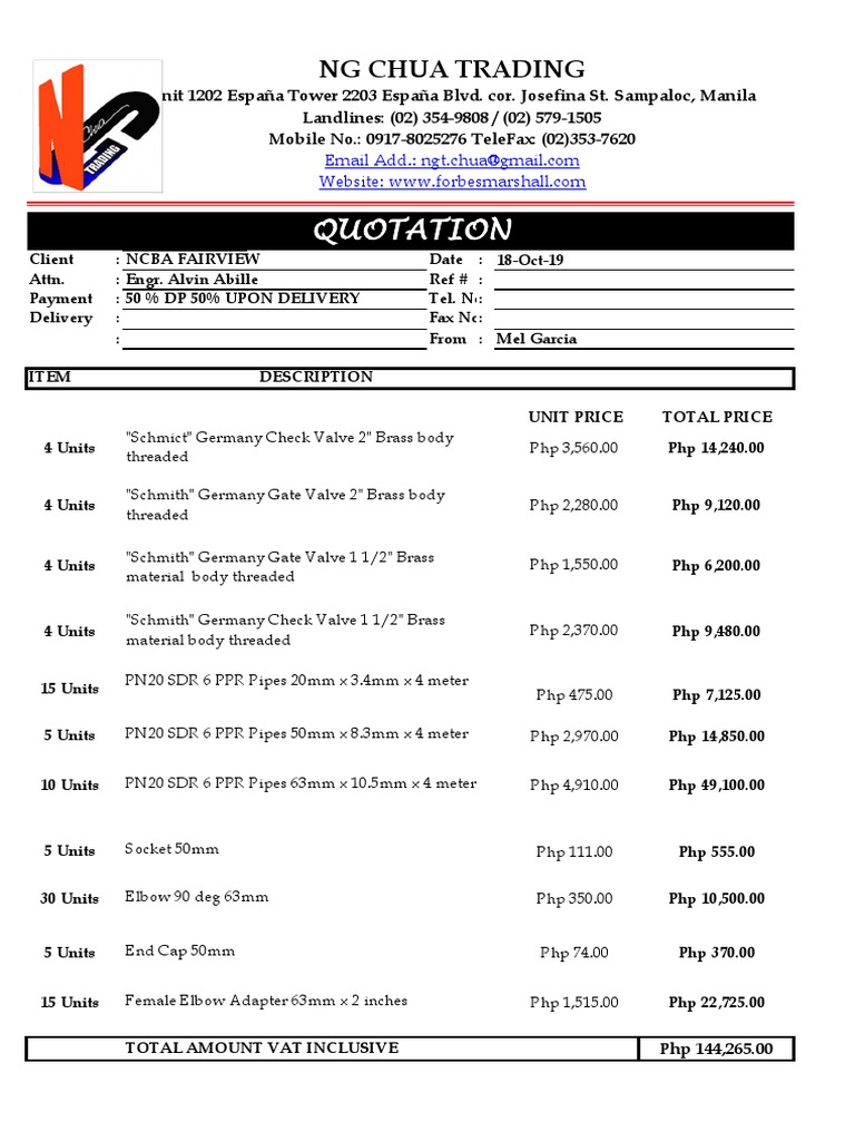 Quotation: NG Chua Trading | PDF | Manufactured Goods | Plumbing