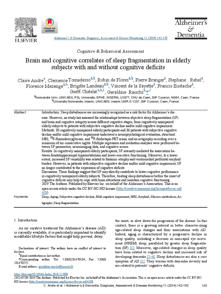 Brain and Cognitive Correlates of Sleep Fragmentation in Elderly ...