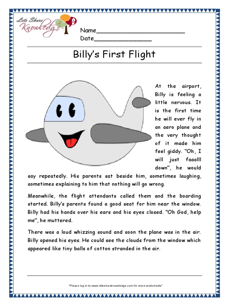 Billys First Flight Grade 1 Comprehension | PDF