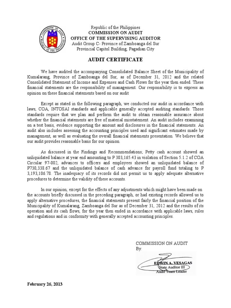 Audit Certificate: Commission On Audit Office of The Supervising ...