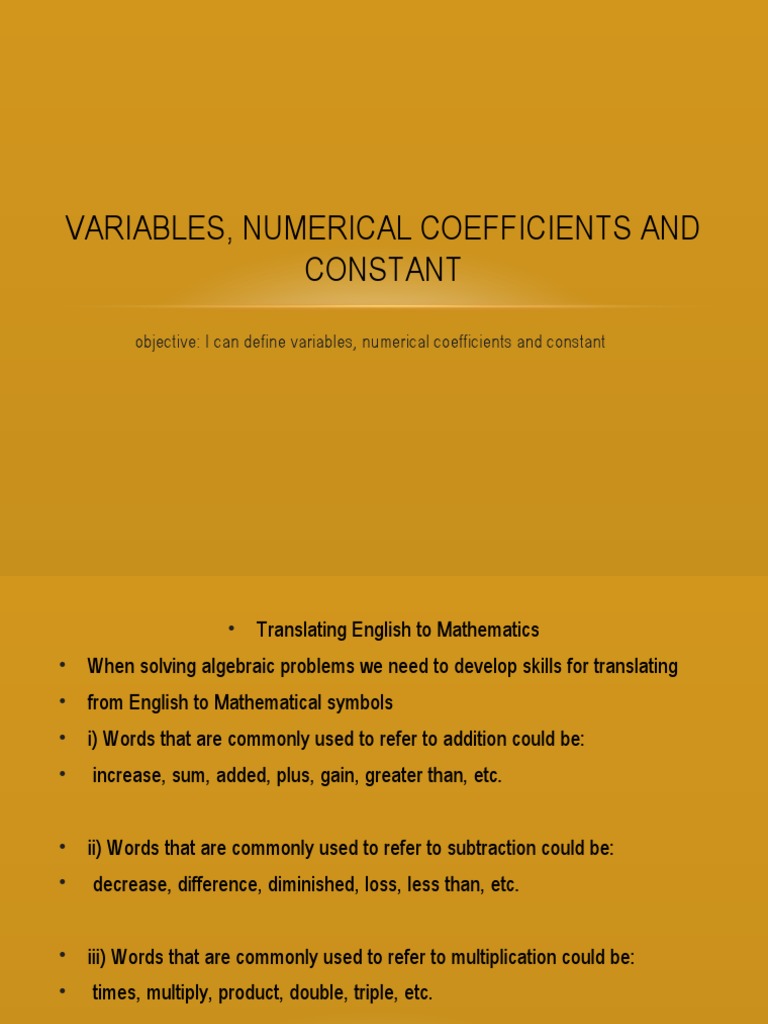 Variables, Numerical Coefficients and Costant | PDF | Numbers ...