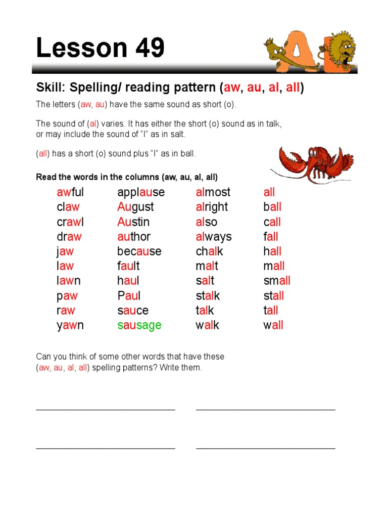 Spelling Patterns: aw, au, al, all | PDF | Linguistics | Languages