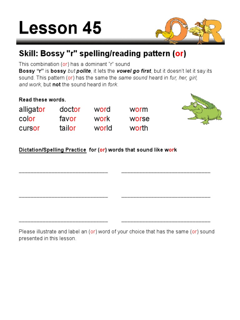 Lesson 45 Variant Vowel Pattern Bossy R (Or) | PDF