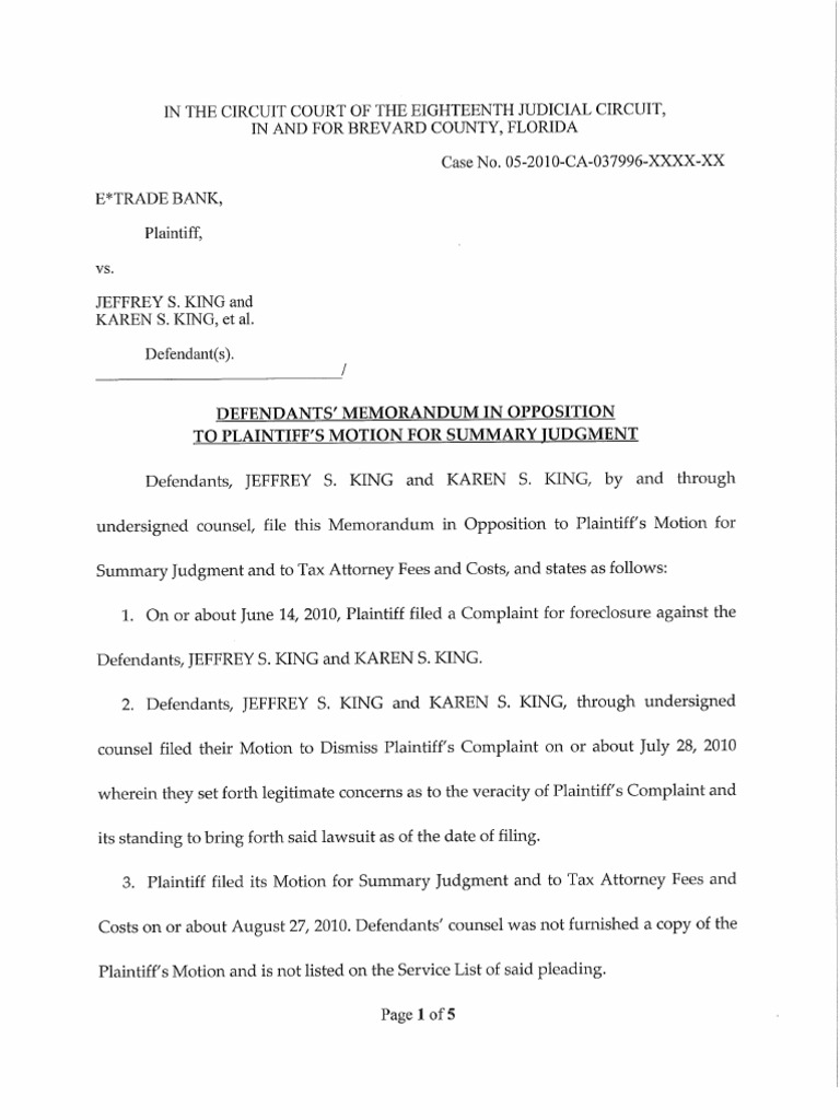 Memorandum in Opposition To Plaintiff's Motion For Summary Judgment - ETrade Bank V King | PDF
