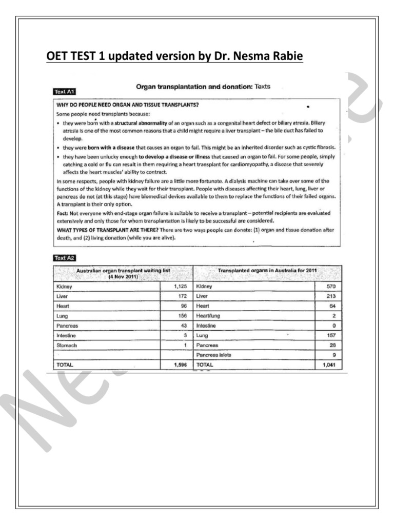OET Test 1 PA by DrNesma Rabie | PDF | Organ Donation | Organ ...