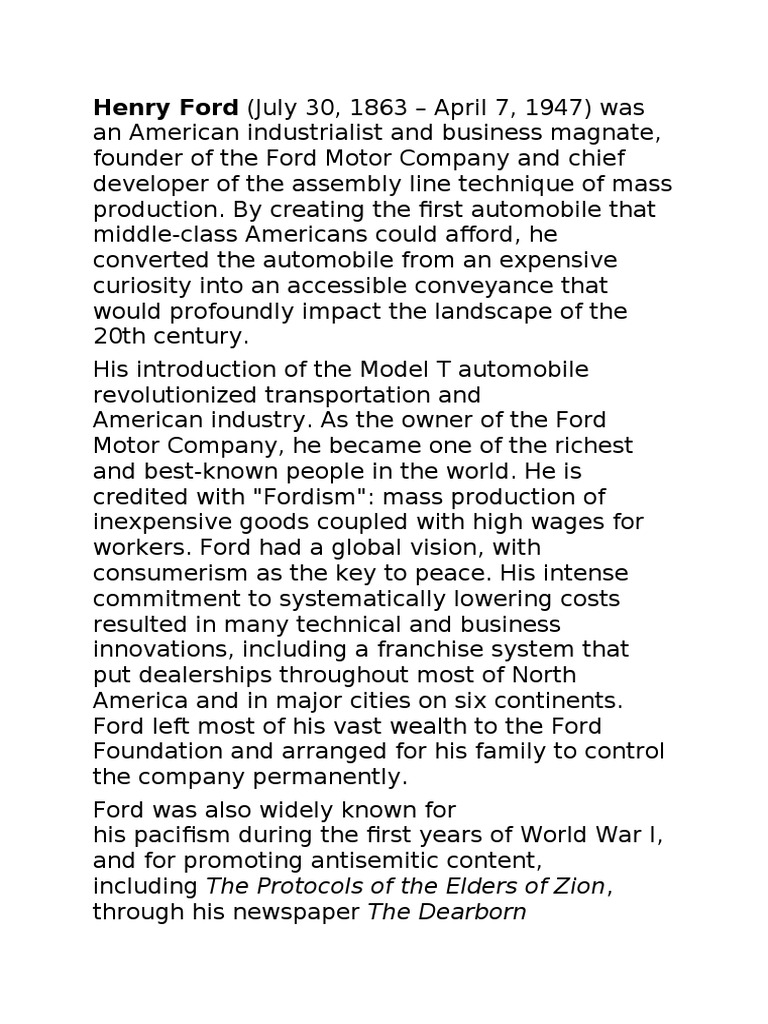 Henry Ford (July 30, 1863 - April 7, 1947) Was | PDF