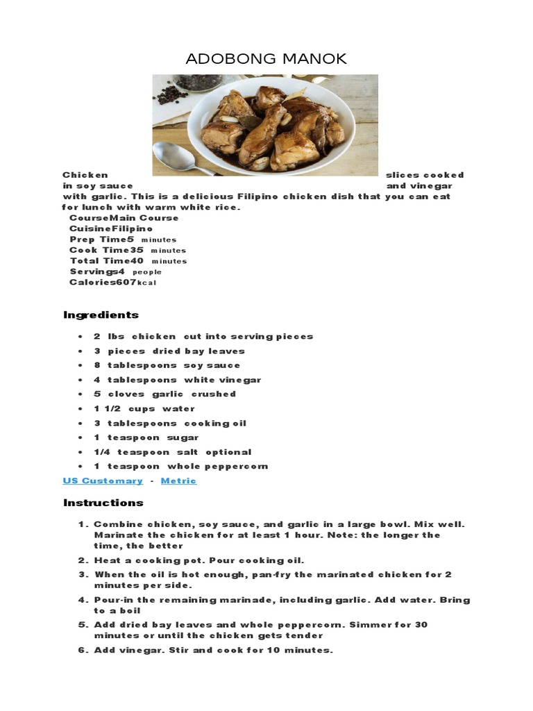 Adobong Manok: Ingredients | PDF