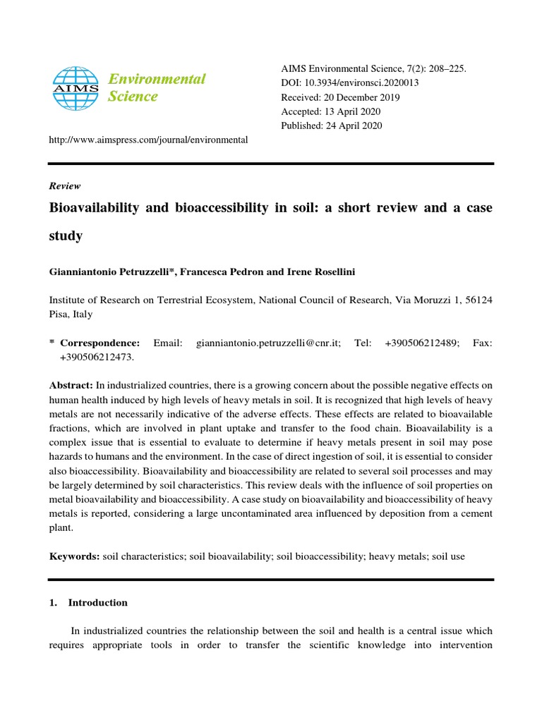Bioavailability and Bioaccessibility in Soil: A Short Review and A Case ...