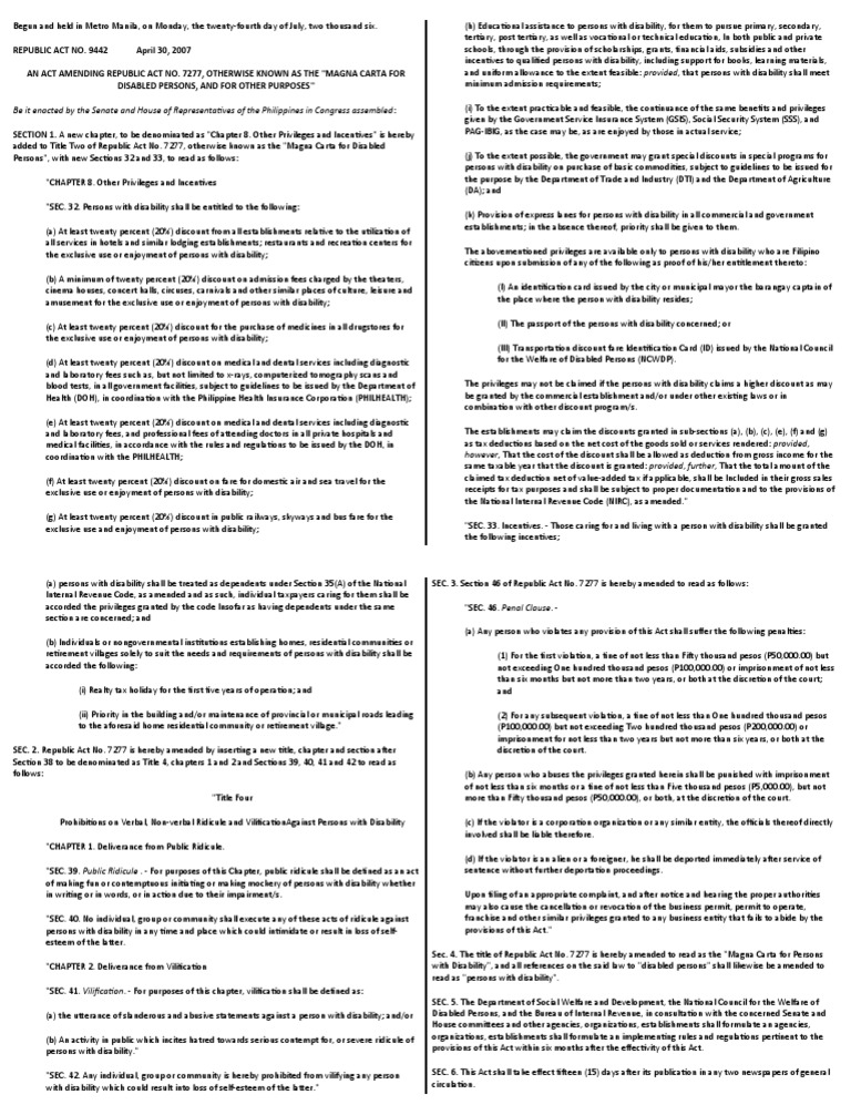 RA 9442 Ammending RA 7277 | PDF | Tax Deduction | Taxes