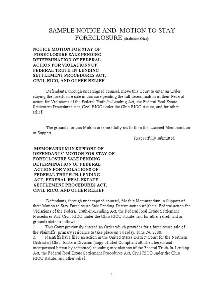 Sample Notice and Motion To Stayforeclosure | PDF | Injunction ...