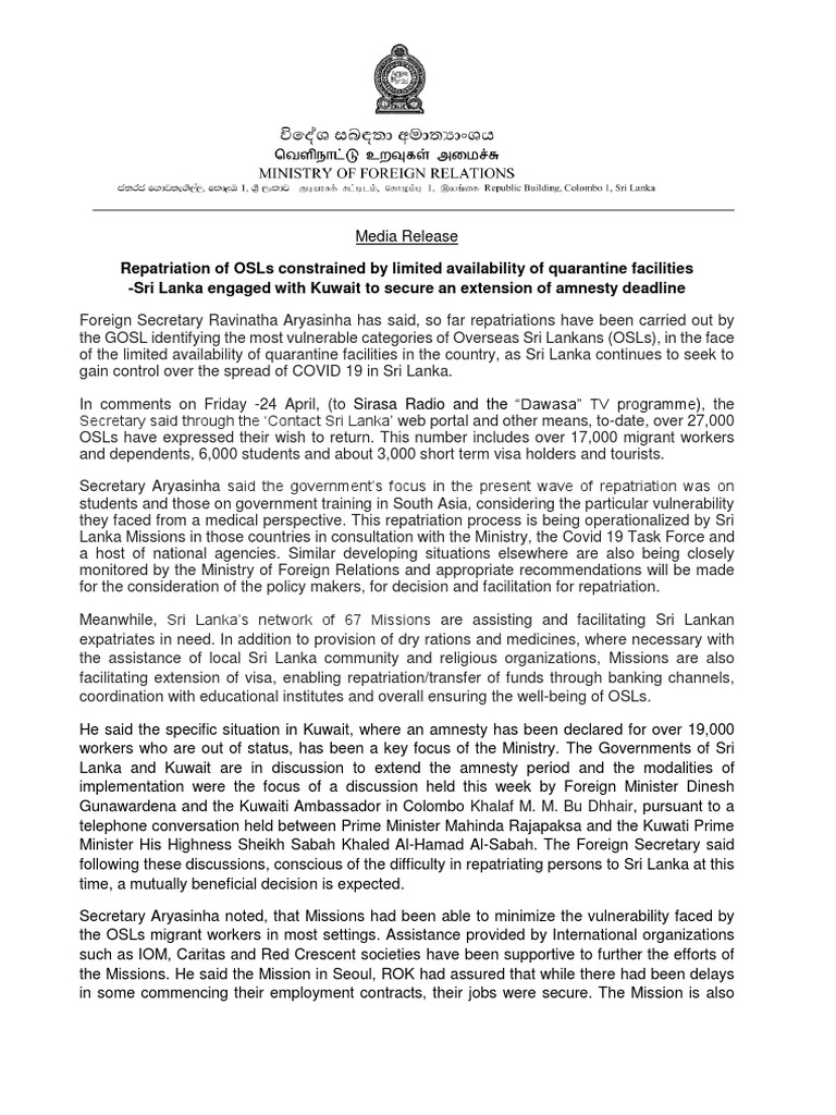 Media Release MOF 2020 04 25 | PDF | Kuwait | Sri Lanka