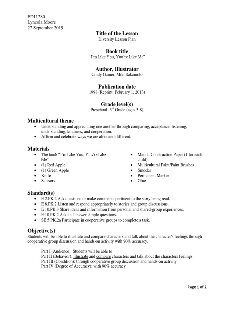 Edu 280 Diversity Lesson Plan | PDF | Cognition | Psychological Concepts