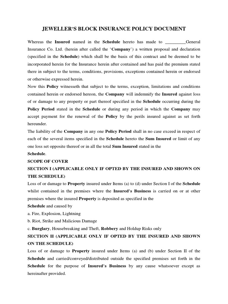 Jeweller'S Block Insurance Policy Document | PDF | Indemnity | Insurance