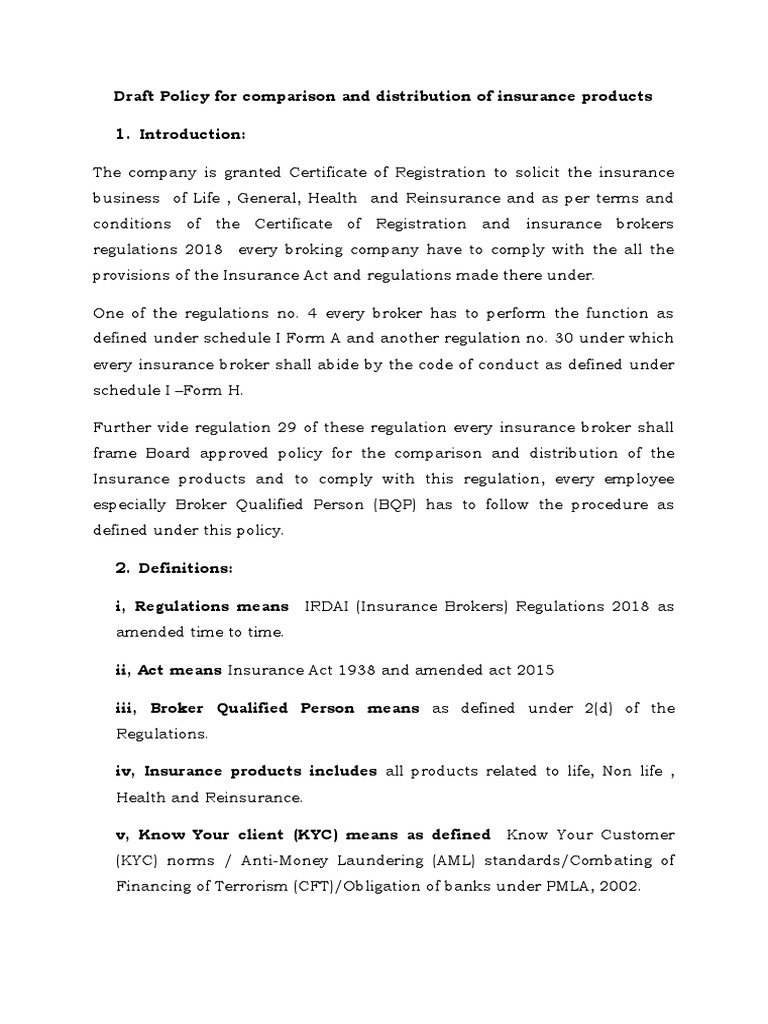 Draft Policy For Comparison and Distribution of Insurance Products 1 ...