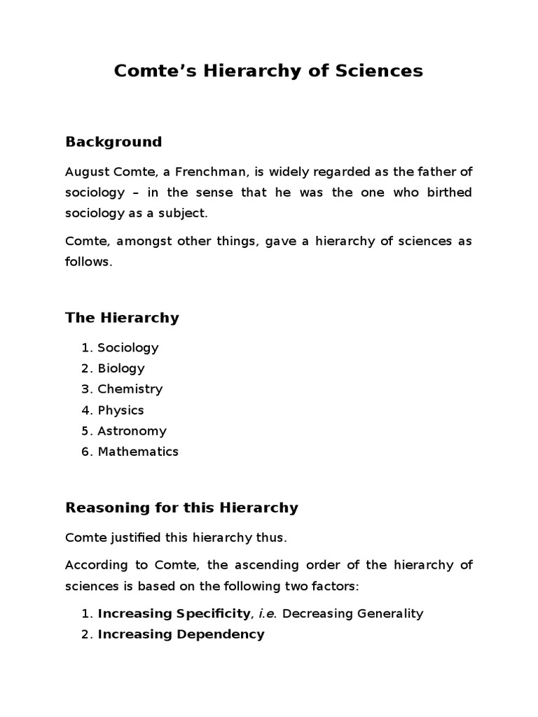 Comte's Hierarchy of Sciences | PDF