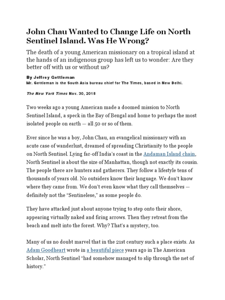 John Chau Wanted To Change Life On North Sentinel Island | PDF