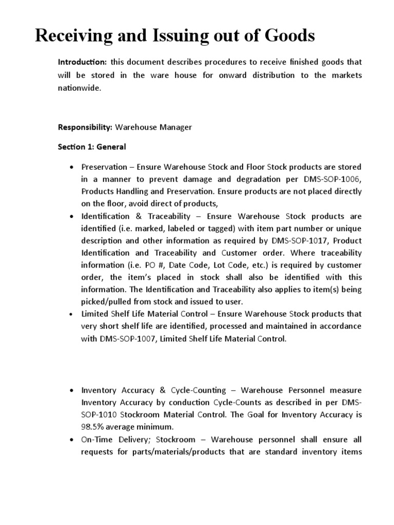 SOP of Receiving and Issuing Out of Goods | PDF | Inventory | Warehouse