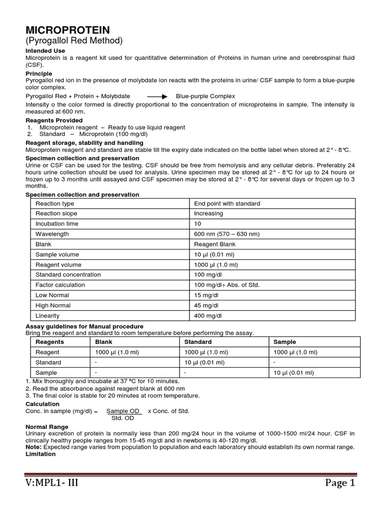 Microprotein: (Pyrogallol Red Method) | PDF | Cerebrospinal Fluid | Assay