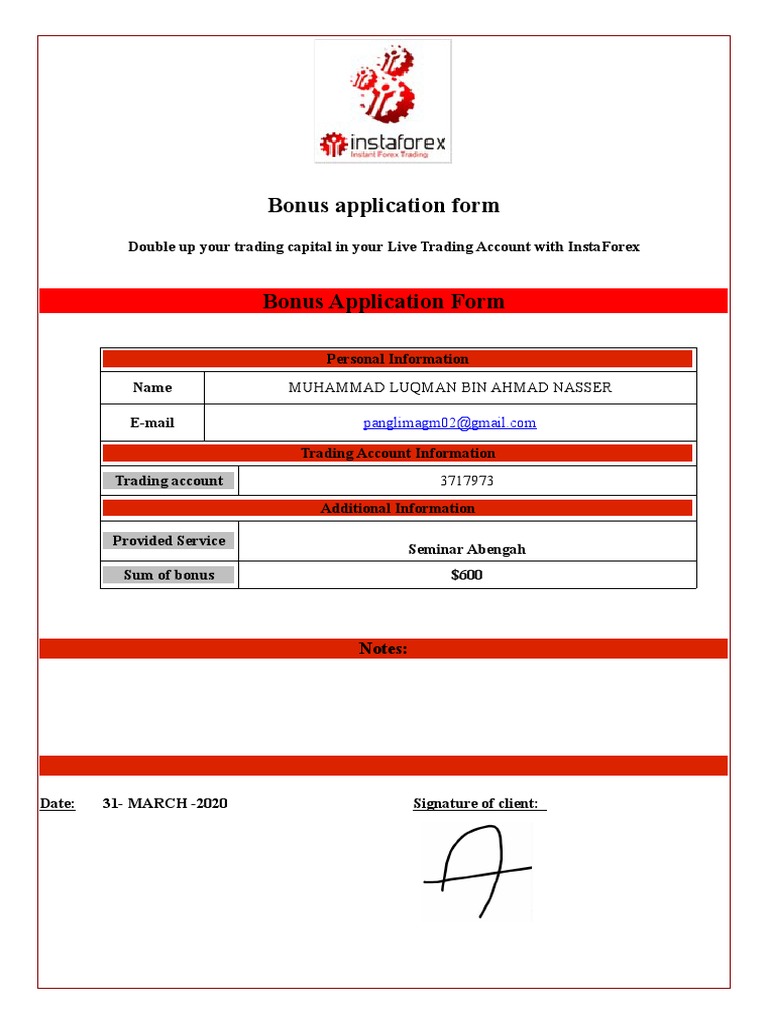 Bonus Application Form Covering Bonus | PDF