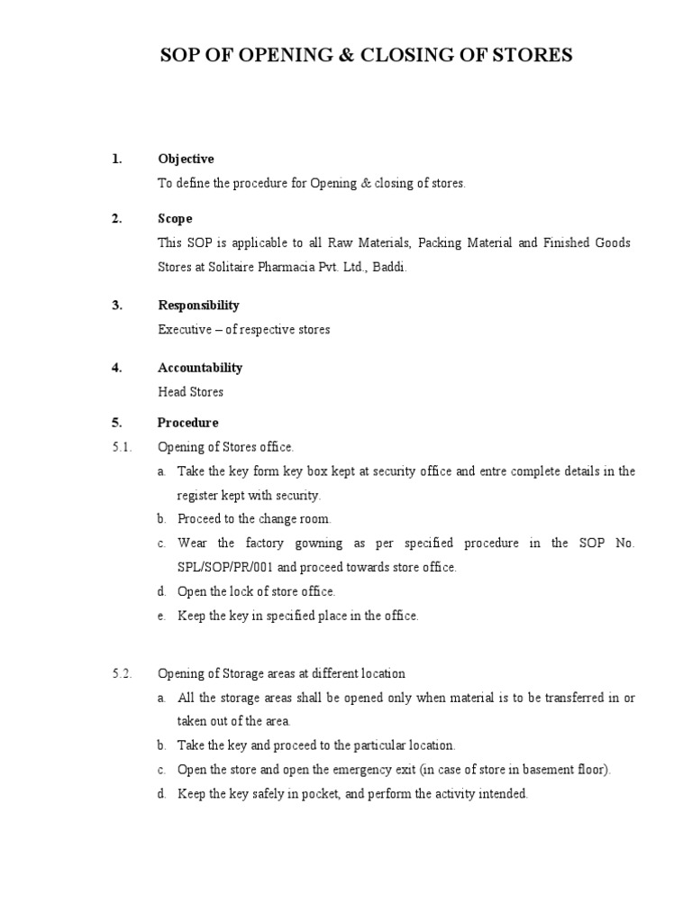 Sop of Opening & Closing of Stores | PDF