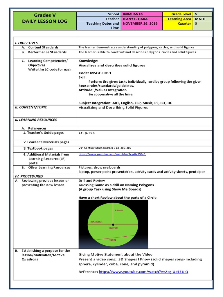 Grades V Daily Lesson Log: Visualizes and Describes Solid Figures Code ...