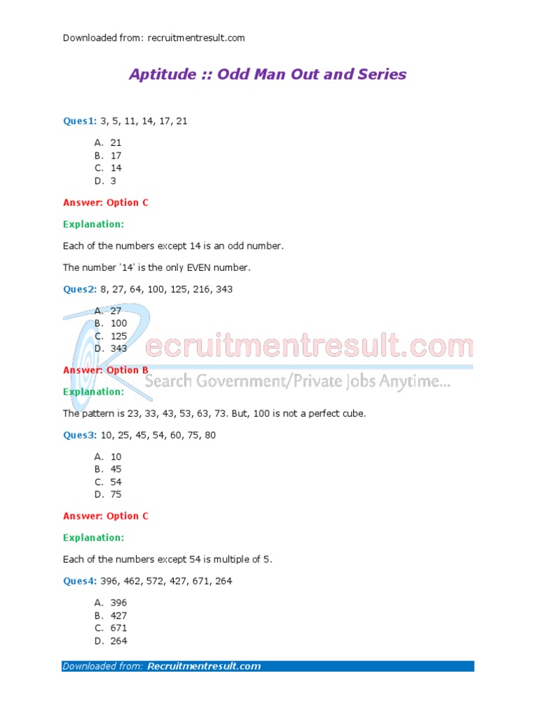 Aptitude:: Odd Man Out and Series: Ques1 | PDF | Mathematical Concepts ...