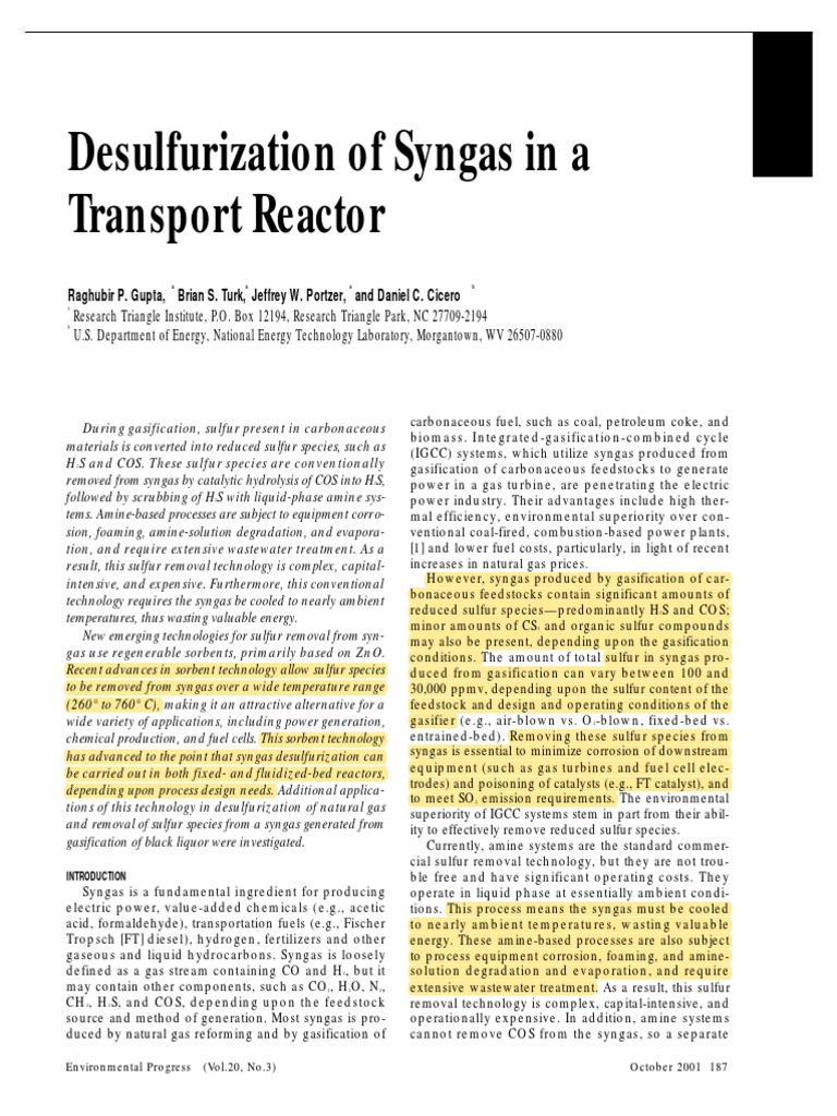 Desulfurization of Syngas in A Transport Reactor PDF | PDF ...