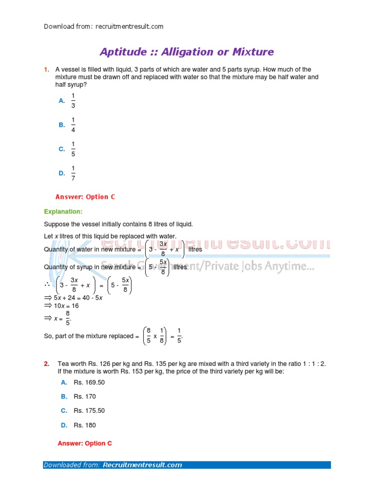 Aptitude:: Alligation or Mixture: Explanation | PDF | Ratio | Business