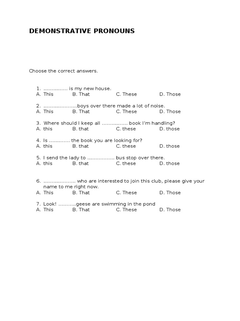 Demonstrative Pronouns Practice Quiz | PDF