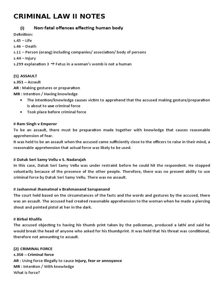 Criminal Law Ii Notes: Non-Fatal Offences Affecting Human Body | PDF ...