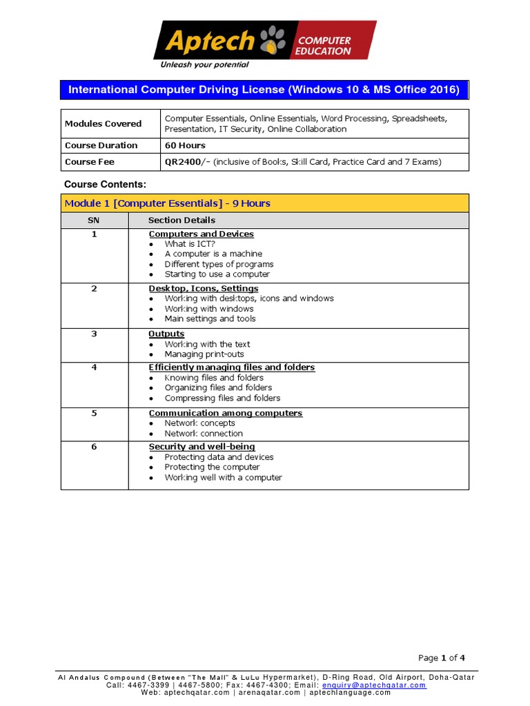 ICDL (Windows 10 & MS Office 2016) - Aptech Qatar PDF | PDF | Spreadsheet | Online And Offline
