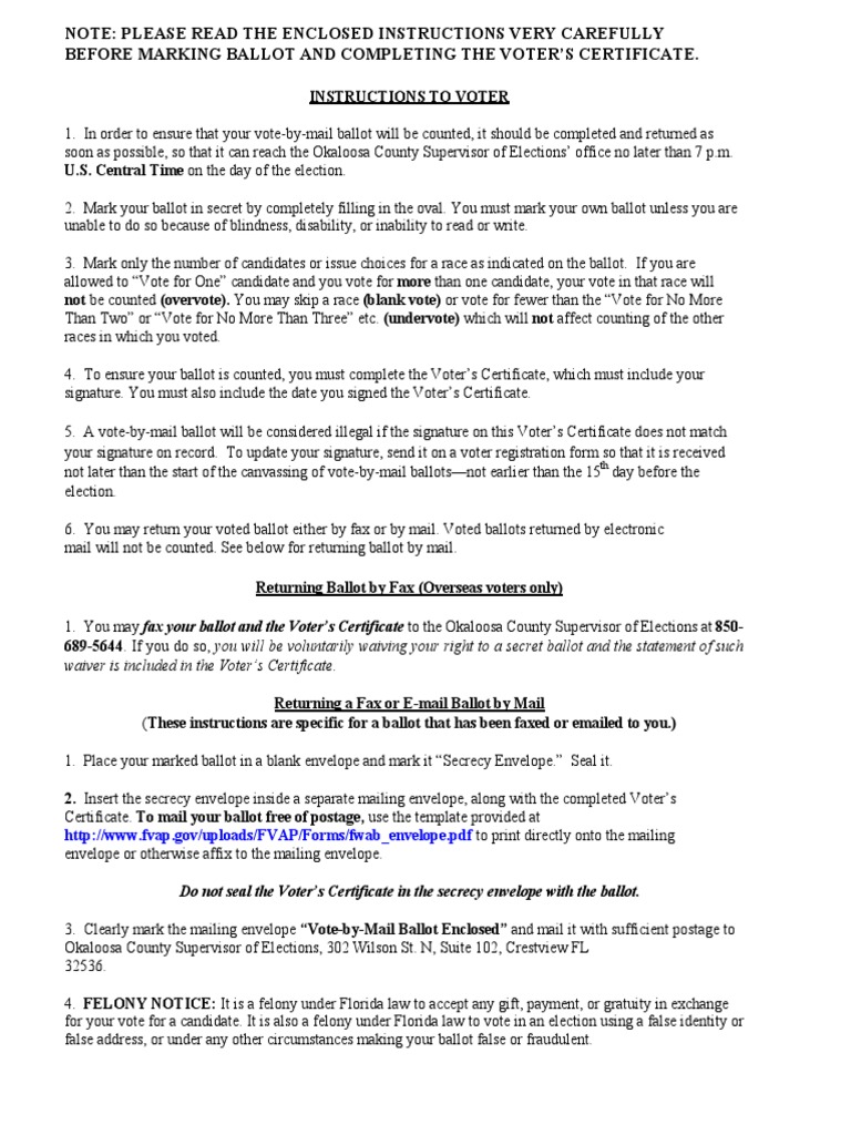 Florida 2020 Primary Ballot Instructions | PDF | Postal Voting | Voting