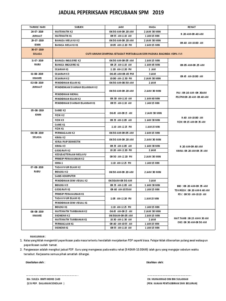 Jadual Percubaan SPM 2019 | PDF