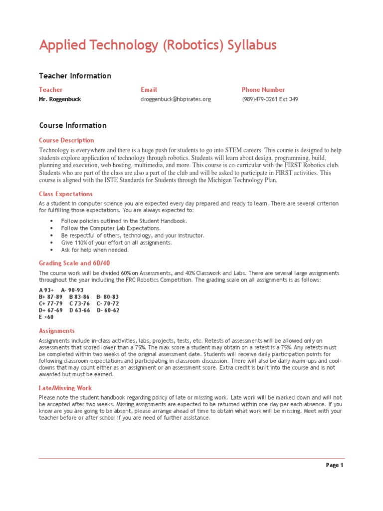 Applied Technology (Robotics) Syllabus: Teacher Information | PDF ...
