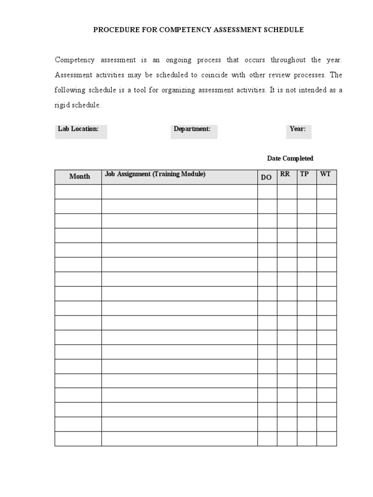 Procedure For Competency Assessment Schedule: Lab Location: Department ...