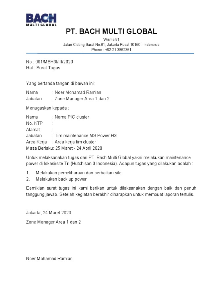 Surat Tugas Pemeliharaan Power PT BMG | PDF