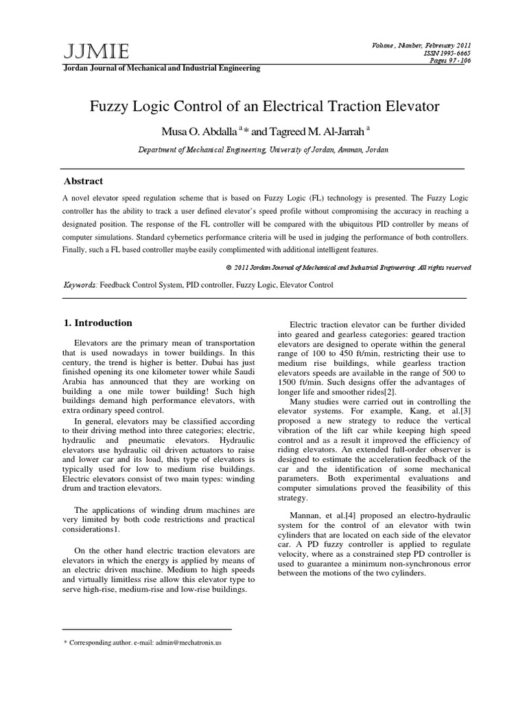 Jjmie: Fuzzy Logic Control of An Electrical Traction Elevator | PDF | Elevator | Control Theory