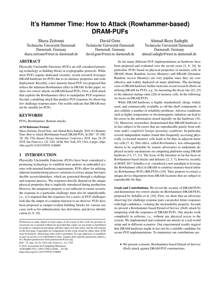 Rowhammer Attack On Puf | PDF | Dynamic Random Access Memory | Electronic Engineering