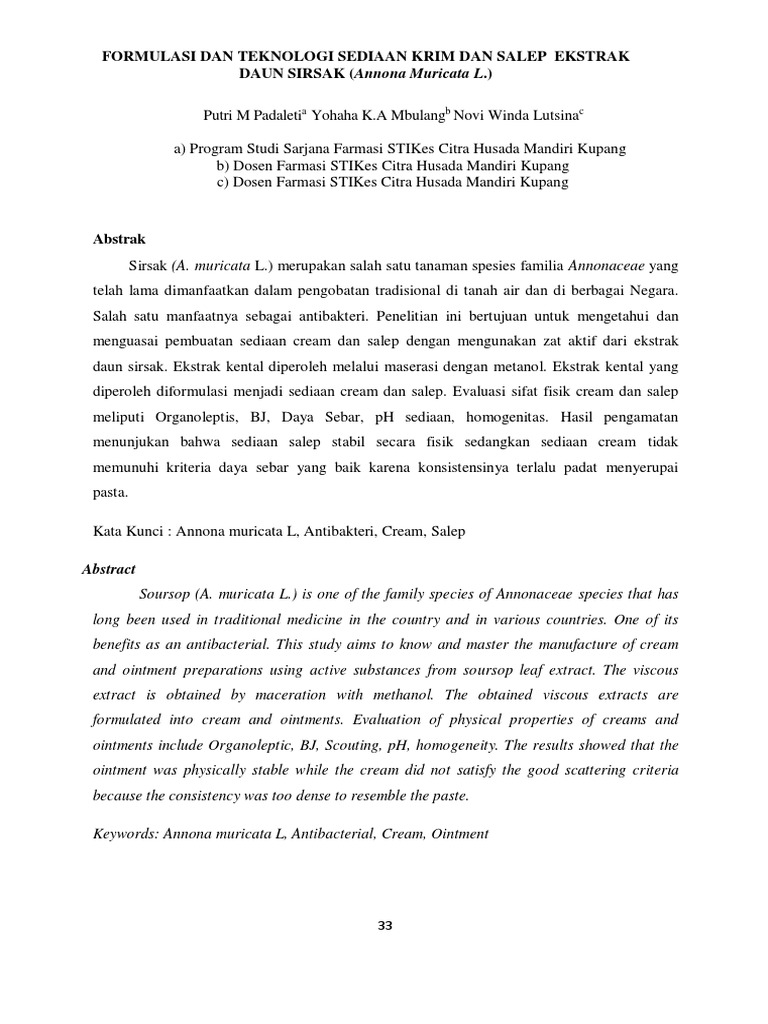 FORMULASI DAN EVALUASI SEDIAAN SALEP DAN CREAM EKSTRAK DAUN SIRSAK ...